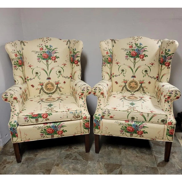 20th C Traditional Designer Waverly Fabric Custom Wingback Chairs - a ...