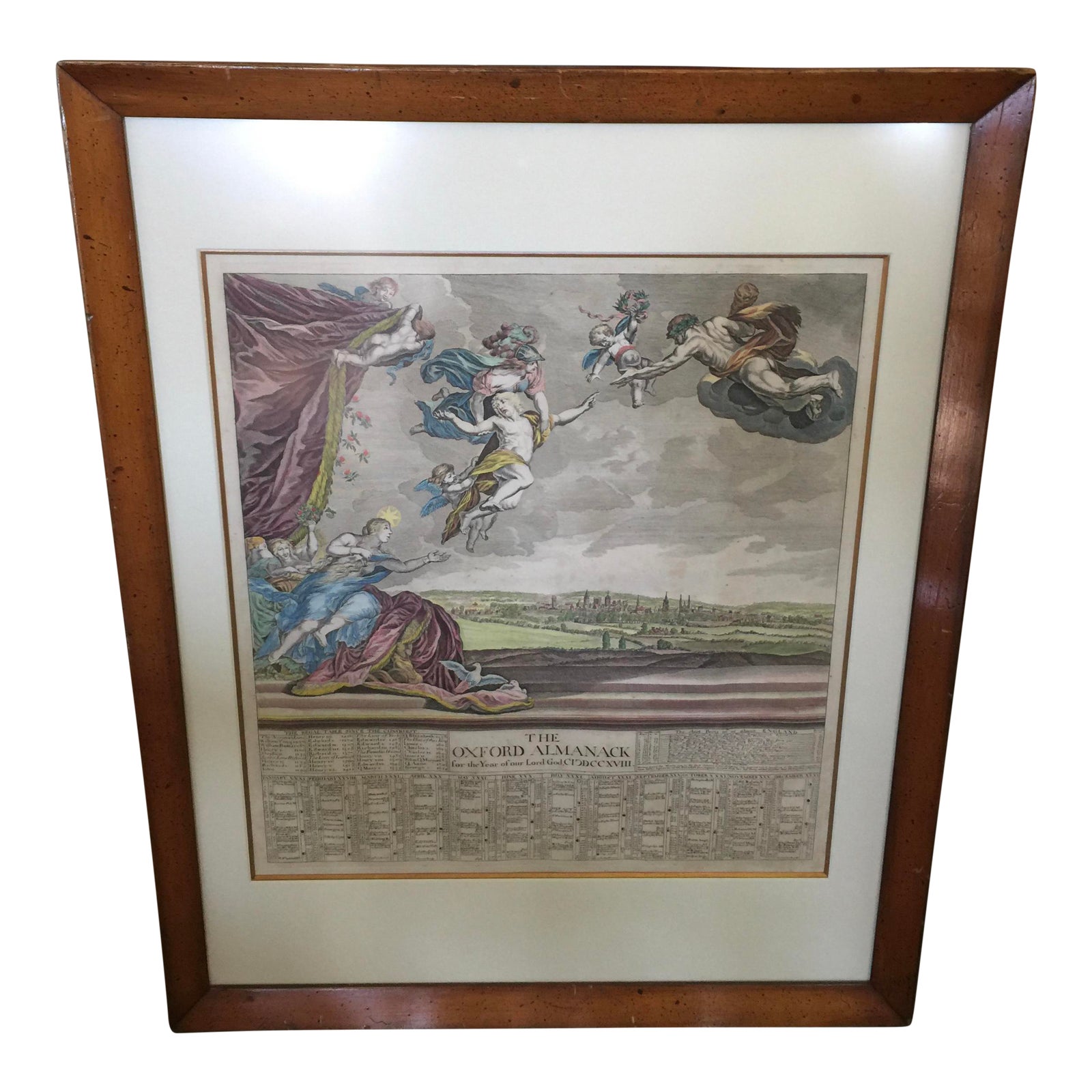 1718 Calendar Oxford Almanack Hand Colored Engraving | Chairish