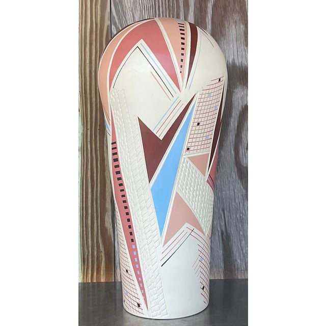 Vintage Post Modern Signed Hand Painted Tall Vase | Chairish