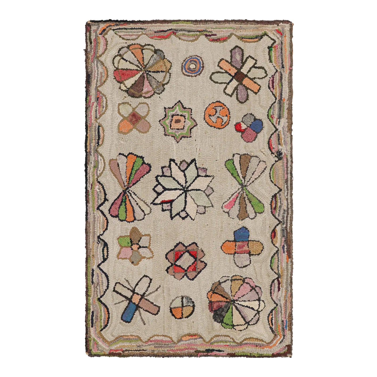 Antique Hooked Rug in Beige With Polychromatic Patterns - Rug & Kilim ...