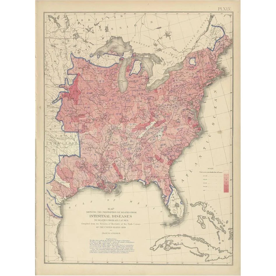 Pl. 45 Antique Chart of the US Inestinal Diseases Deaths, 1874 | Chairish