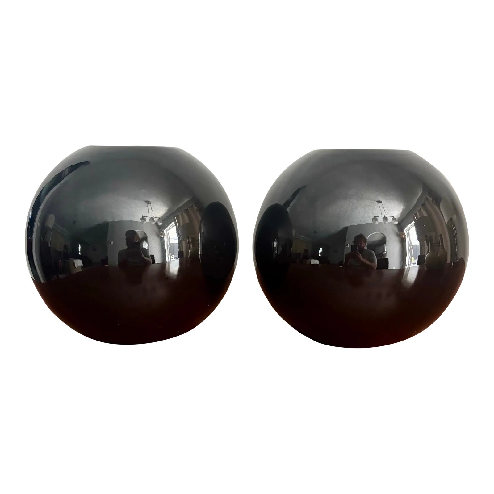 1980s Post Modern Black High Gloss Circular Vases- a Pair | Chairish