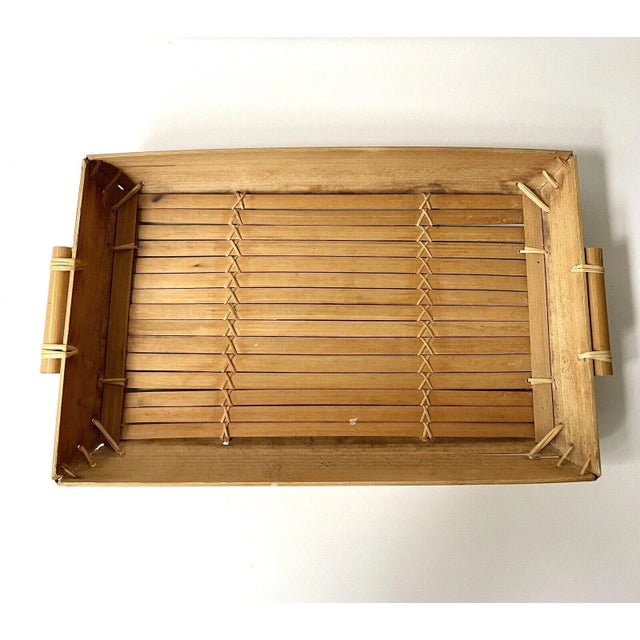 Mid 20th Century Light Bamboo Slat Lap Serving Tray With Cane Handle ...