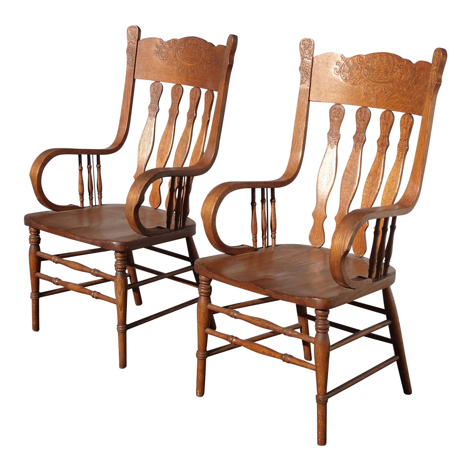 Pair Vintage French Country Farmhouse Pressback Oak Side Chairs W ...