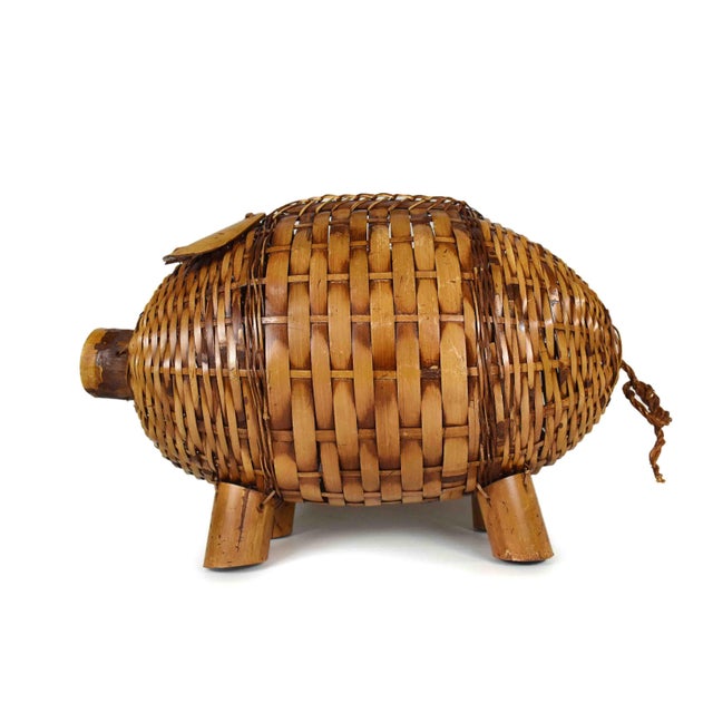 Mid 20th Century Hand Woven Wicker and Bamboo Large Pig Basket | Chairish