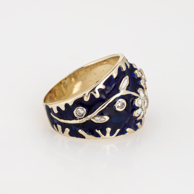 Vintage Diamond Enamel Flower Wide Cigar Band Ring Size 6.5 | Chairish