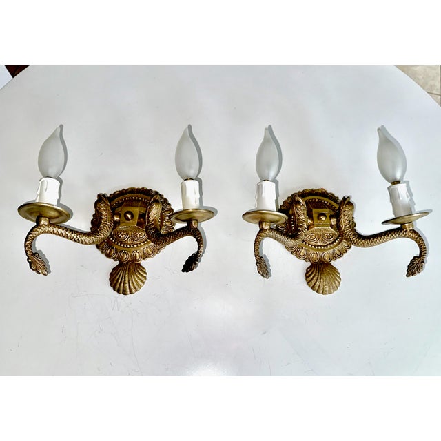 Pair Neoclassic Dolphin Shell Brass Wall Sconces | Chairish