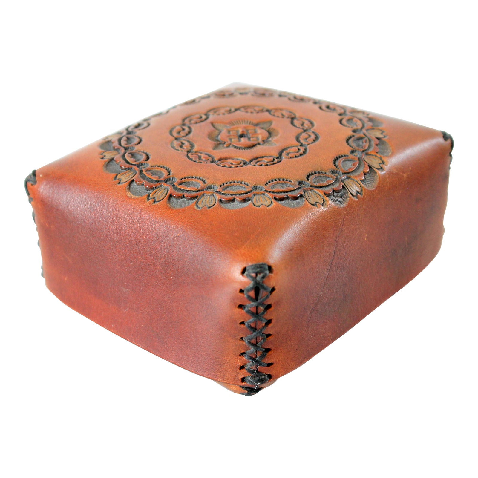 Vintage Hand Tooled Square Leather Trinket Box | Chairish