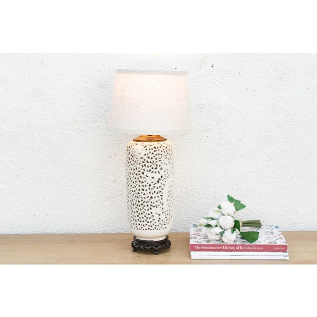 Alabaster White Lattice Bloom Porcelain Lamp | Chairish