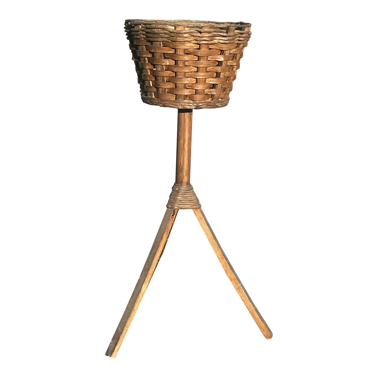 Hand Woven Rattan Basket Planter on Tripod Stand | Chairish