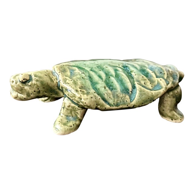 Vintage 1900s Green Handmade Ceramic One Eyed Turtle | Chairish