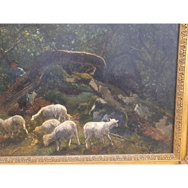 19th C Landscape Oil Painting With Shepard & Herd of Sheep by Mystery ...