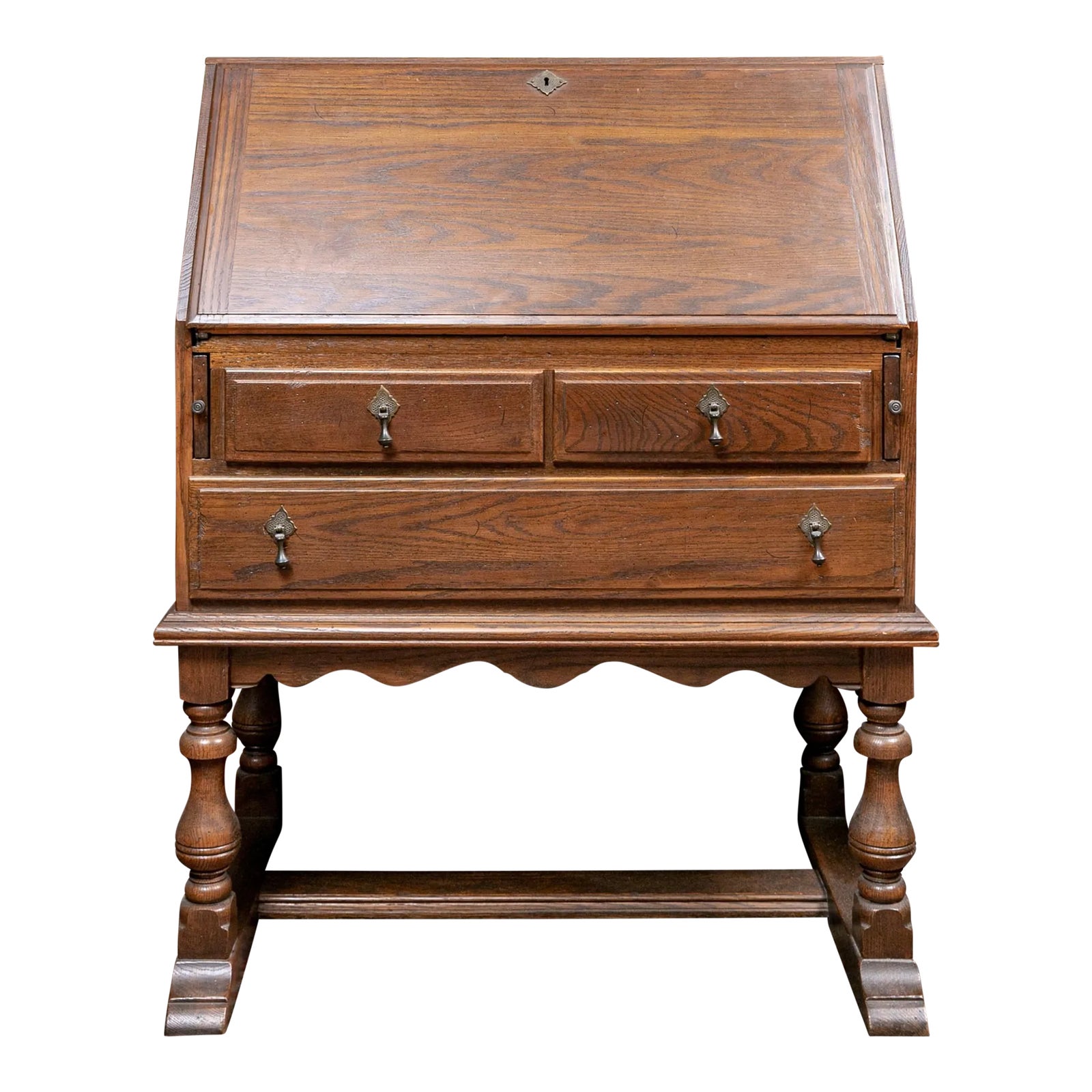 Vintage Ethan Allen Jacobean Style Oak Drop Front Desk | Chairish