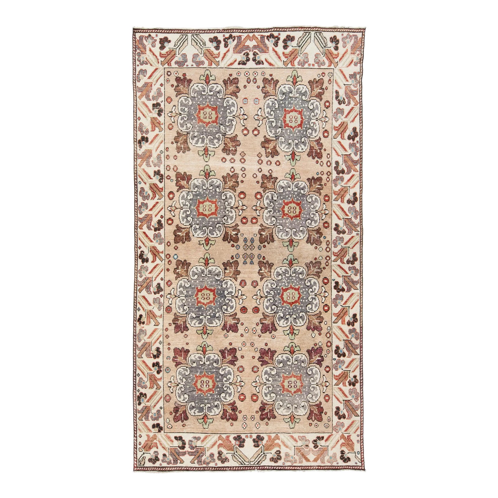 Vintage Turkish Kars Peach Wool Rug Handmade With Floral Pattern | Chairish