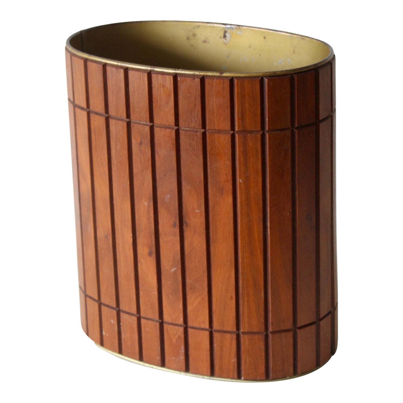 Vintage Mid-Century Metal Wrapped in Walnut Oval American Wastebasket ...