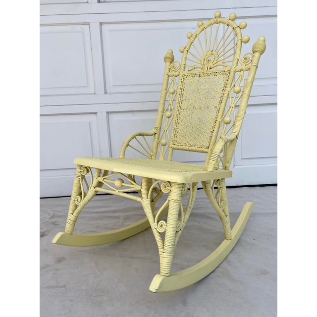 Early 20th C. Meringue Yellow Wicker Rattan Rocker | Chairish