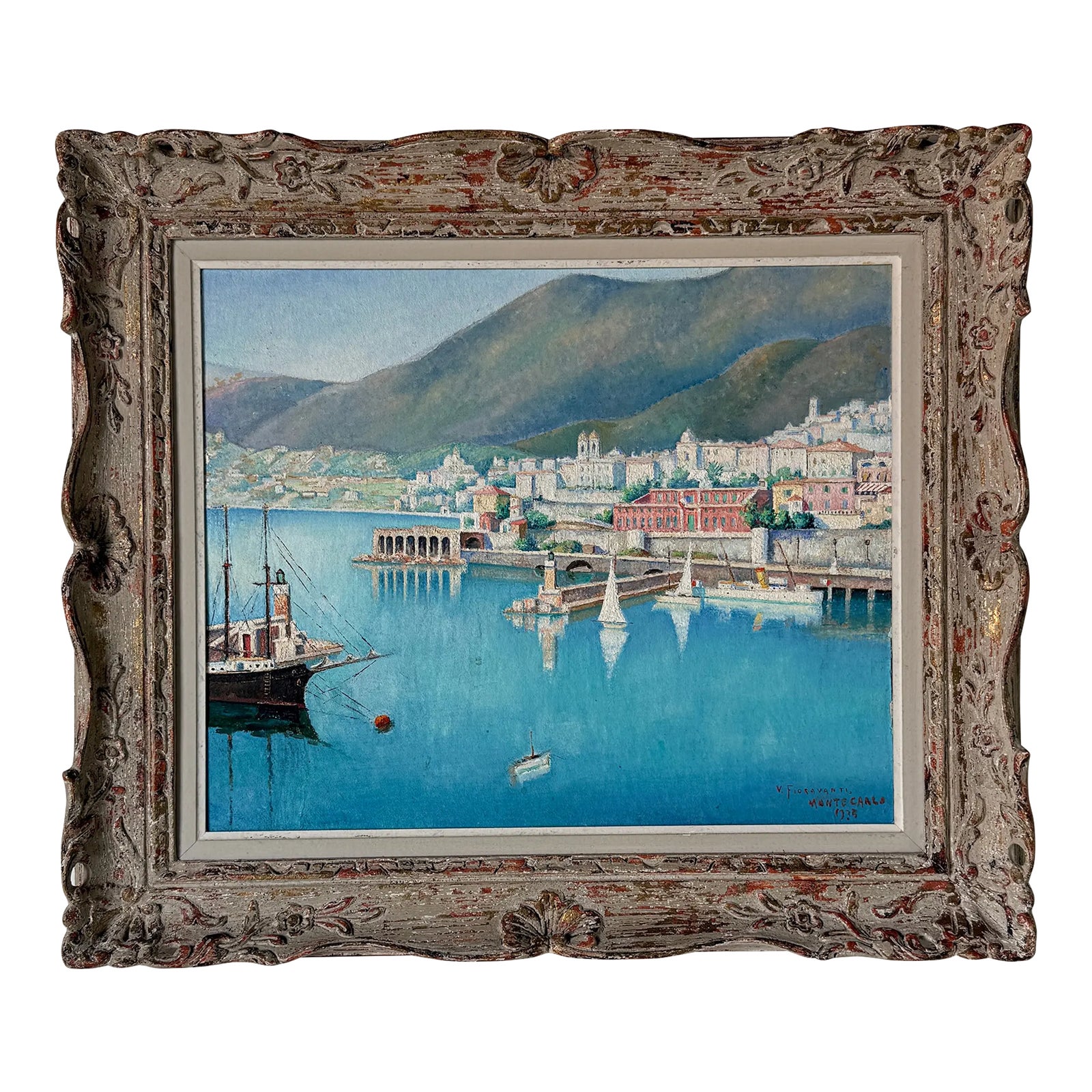 1930's Vintage v. Fioravanti “Monte Carlo” Oil Painting on Board ...