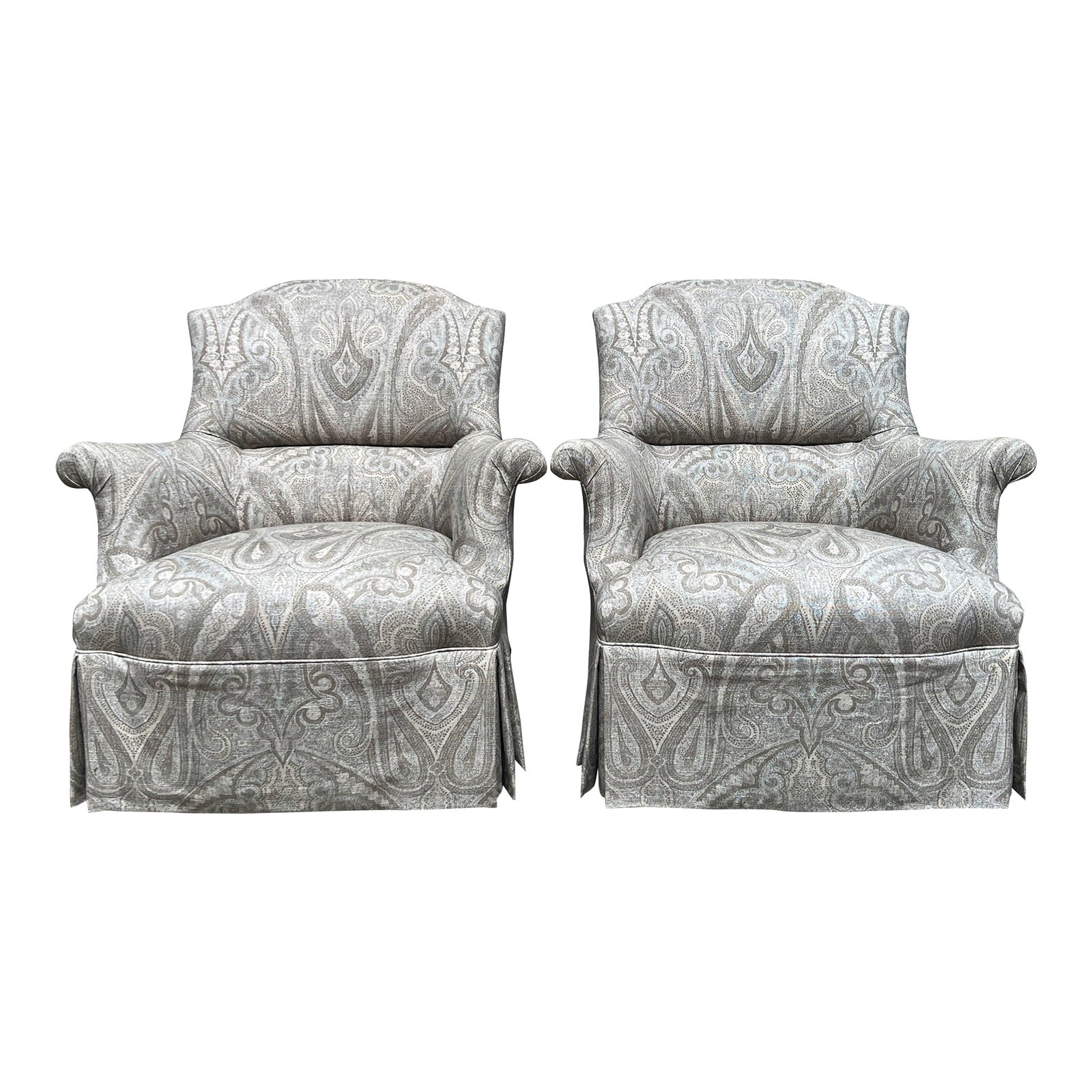 Napoleon III Style Upholstered Lounge Chairs in Gray Paisley Fabric - A ...