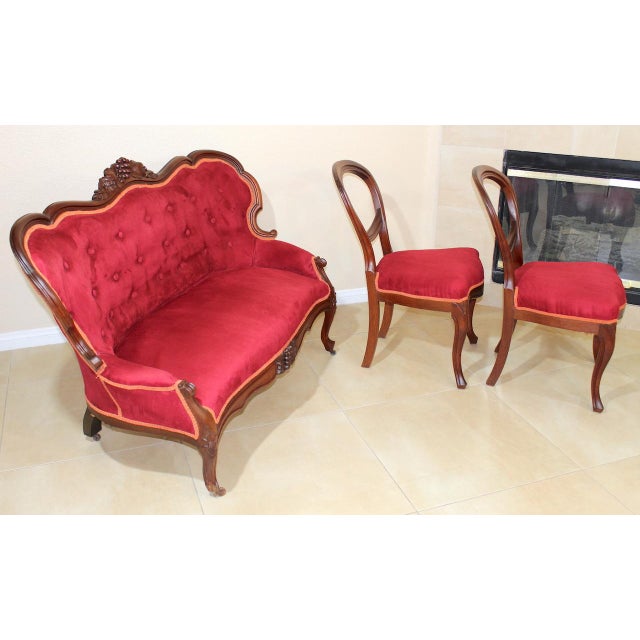 Circa 1867 Antique Burgundy Victorian Parlor Sofa Set with Hand-Carved ...