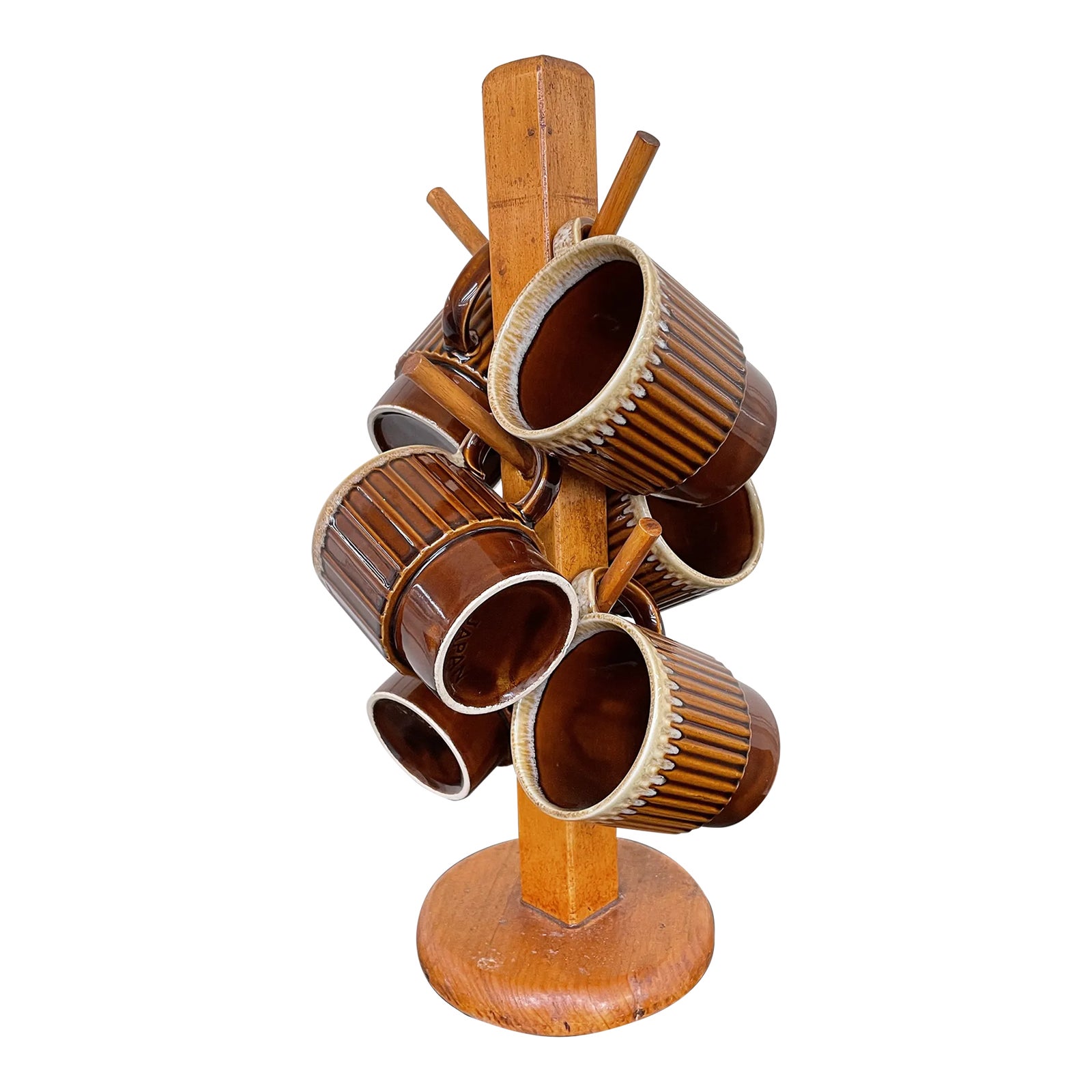 1970’s Stacking Ceramic Cups and Wood Stand - Set of 7 | Chairish