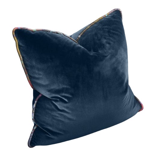 Navy Velvet Square Pillow With Patterned Welt | Chairish