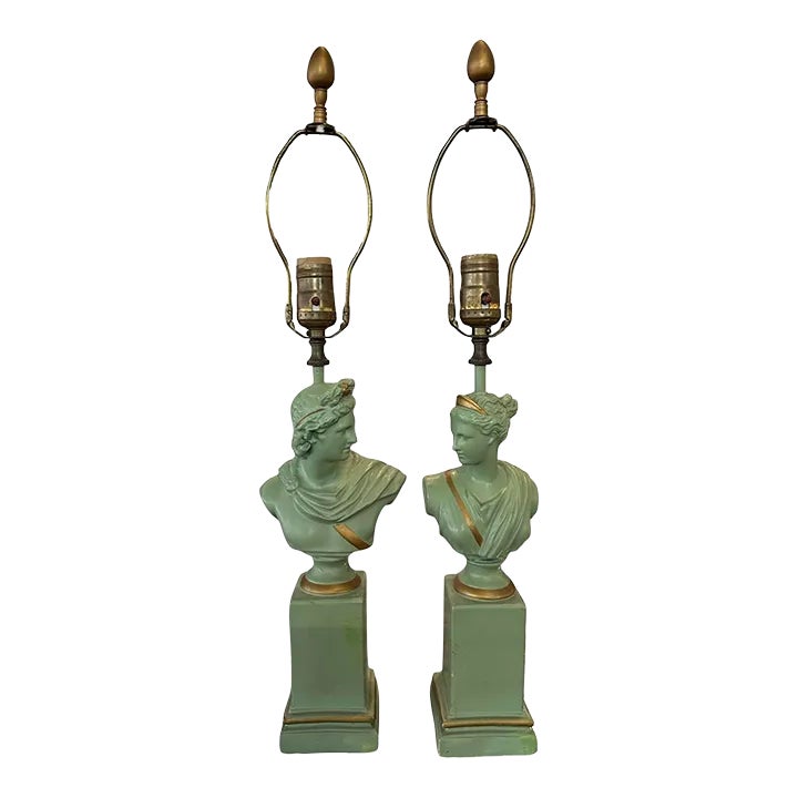 1950s Pair of Figural Neoclassical Lamps Depicting Busts of a Man and a ...