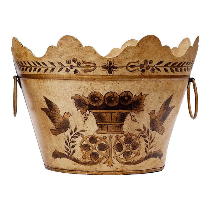 Large 1960s Painted Tin Pot with Birds | Chairish