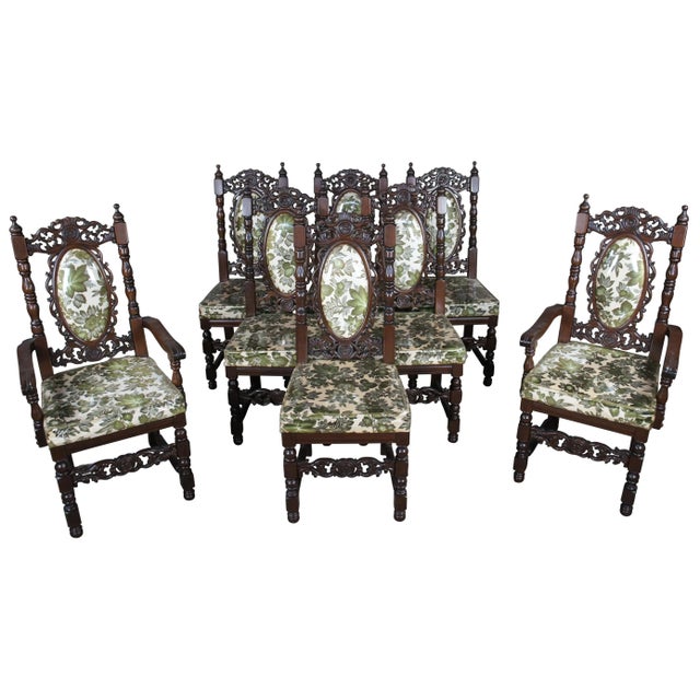Set of 8 Vintage 20th Century Charles II Carolean Style Carved Oak ...