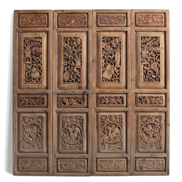 Antique Carved Four Panel Screen, Set of 4 | Chairish