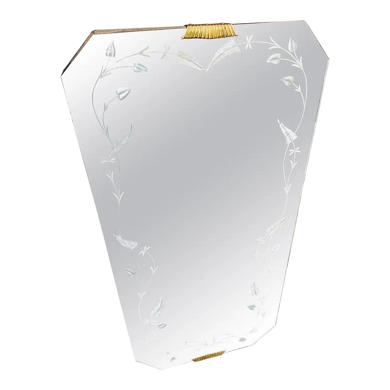 1930s Art Deco Brass and Etched Glass Hexagonal Italian Wall Mirror ...