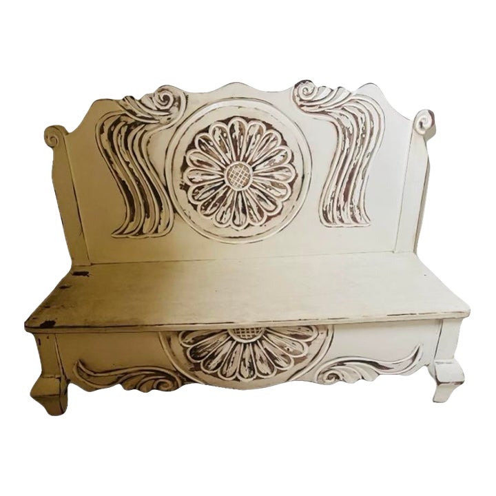French Country Style Rustic Bench With Carving Design | Chairish