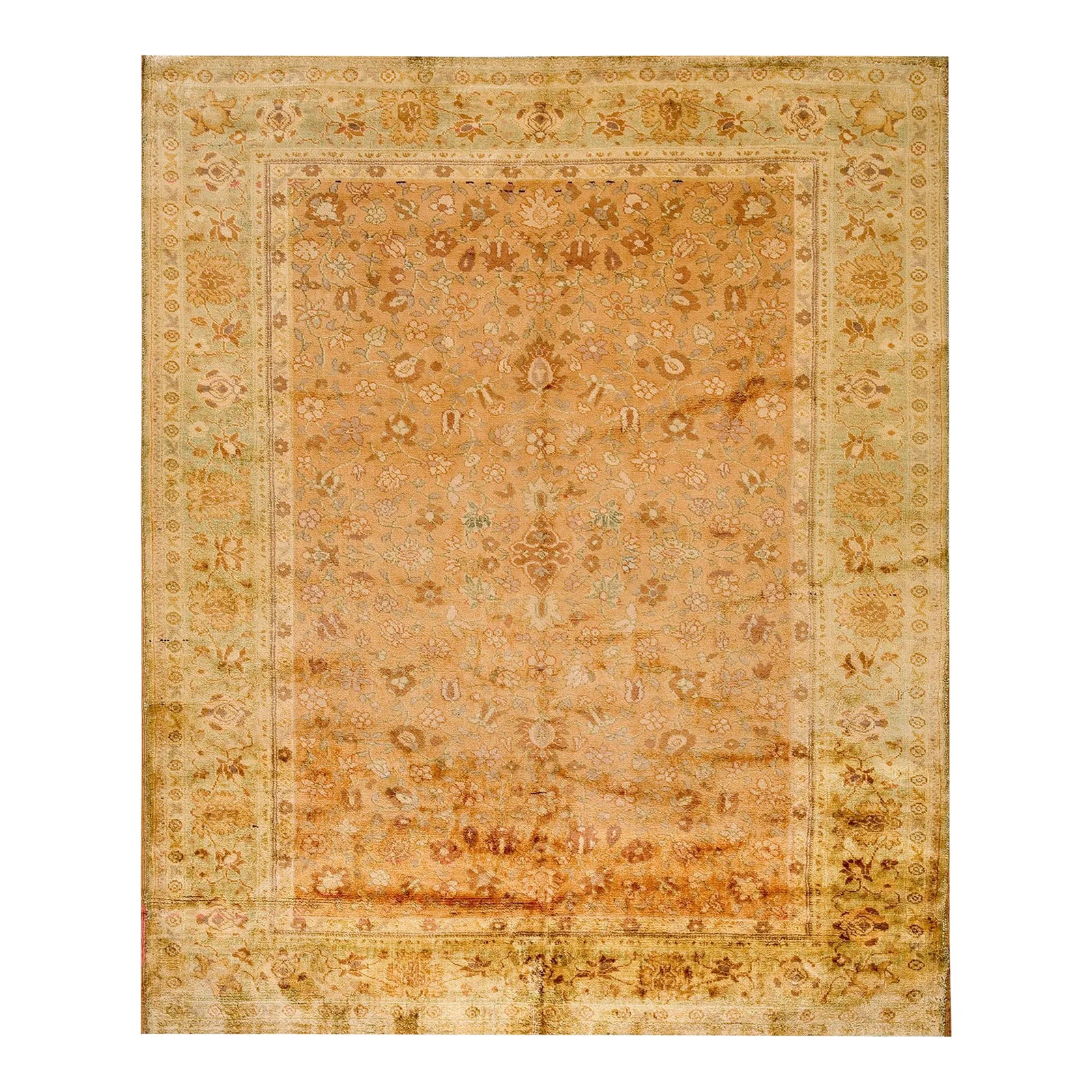 1900s Orange Salmon Floral Medallion Antique Indian Agra Rug 7'0" X 8'8 ...
