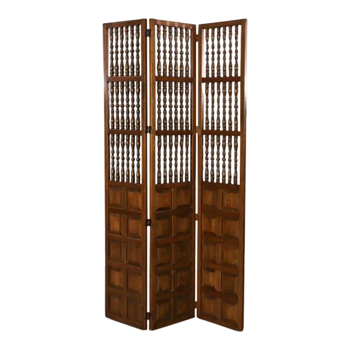 Mid Century Modern Walnut 3-Panel Room Divider With Spindle and Panel ...