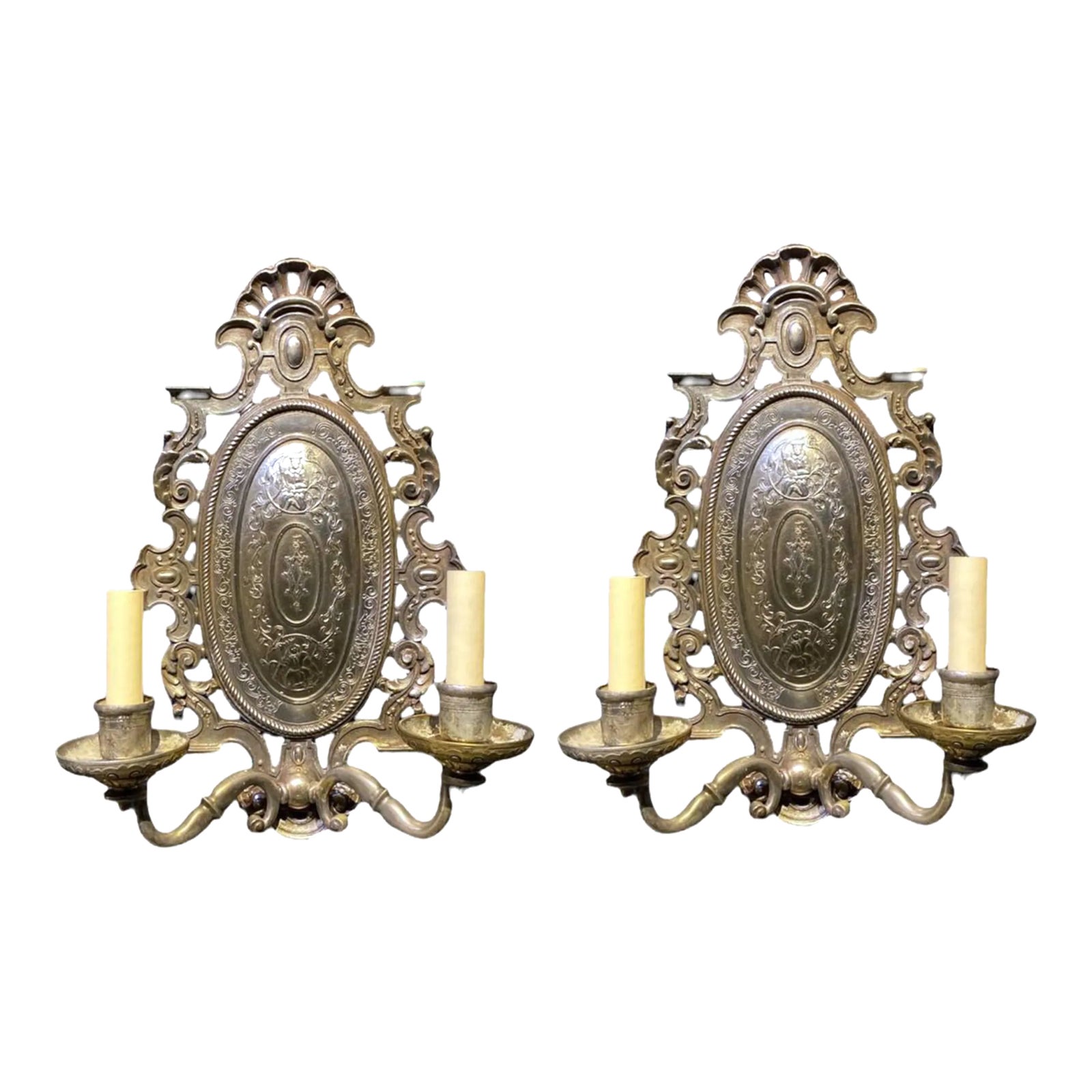1900 Silver Plates Caldwell Engraved Sconces | Chairish