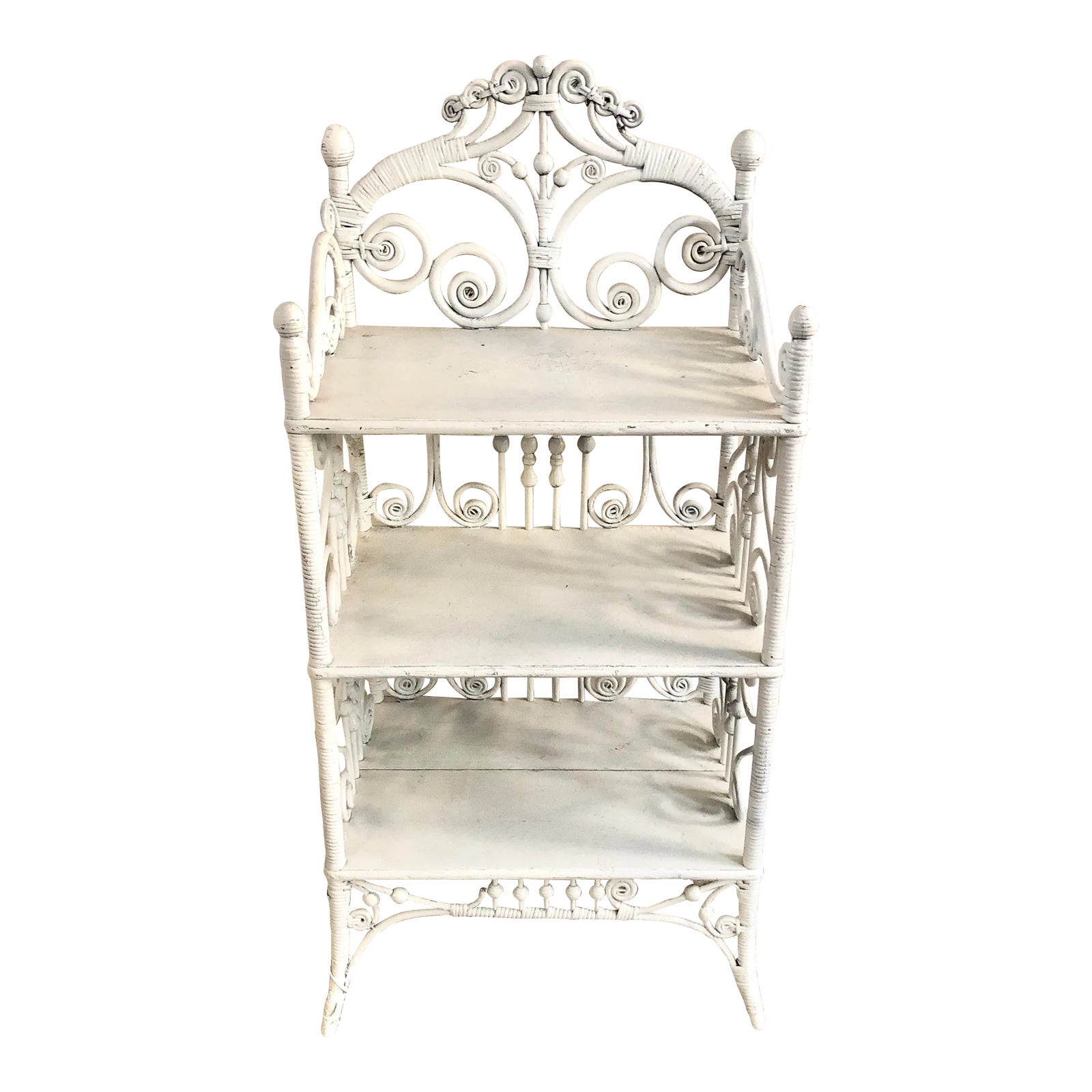 Antique White Curly Wicker Stick and Ball Shelf | Chairish
