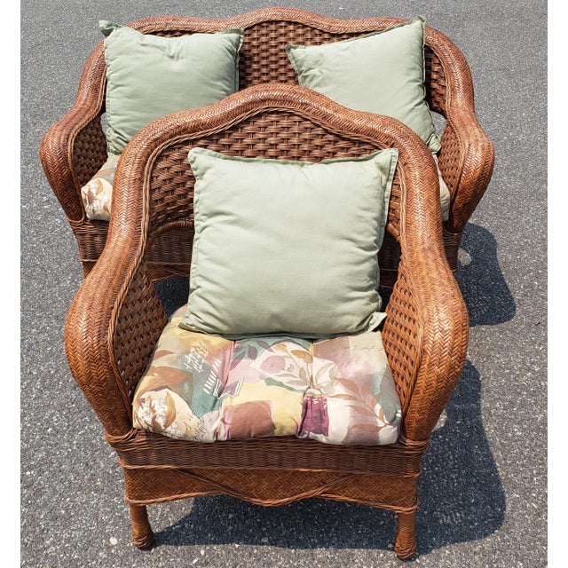 1960s Vintage Wicker Rattan Loveseat and Chair Set in Floral Upholstery ...