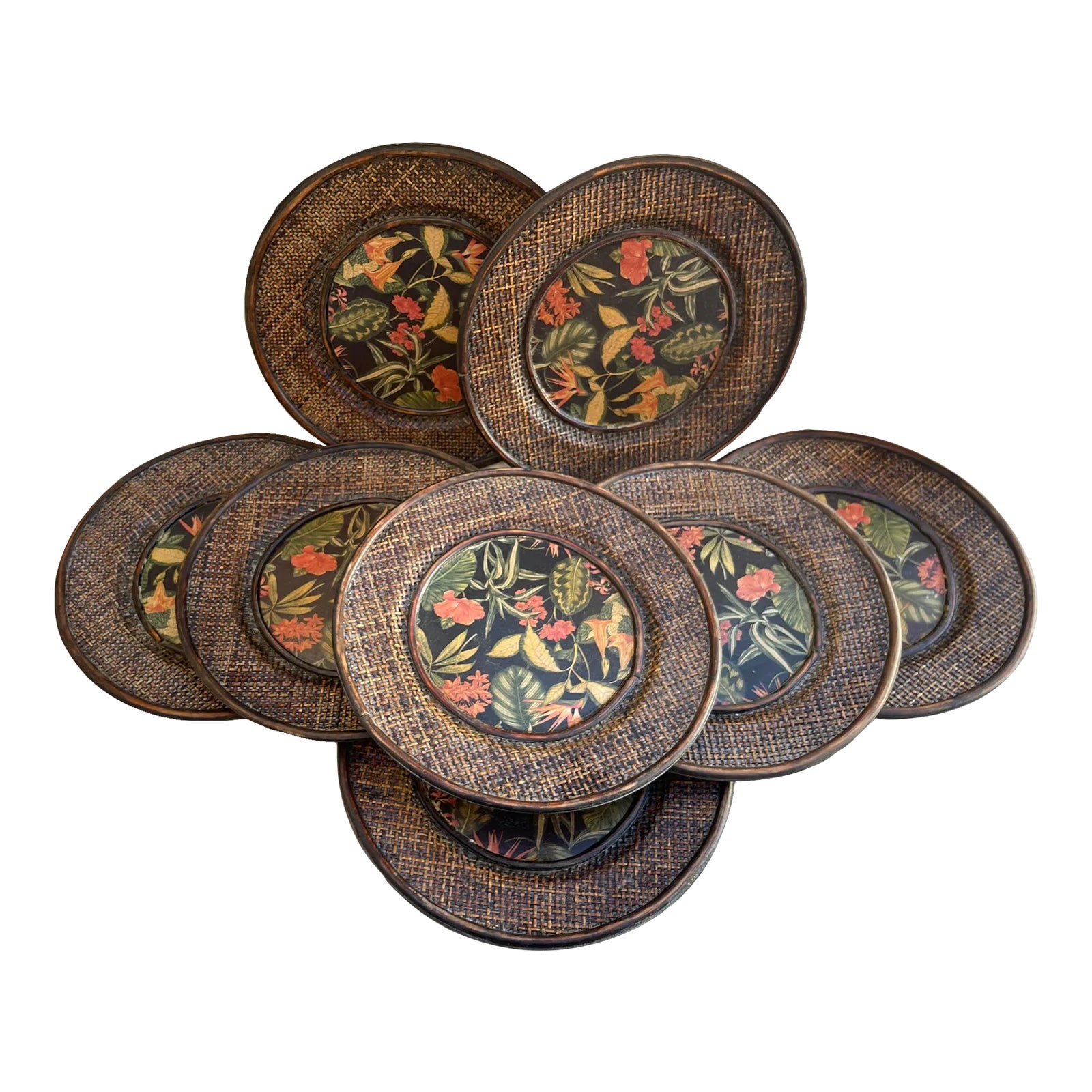 Set of 8 Woven Rattan & Tropical Print Plate Chargers | Chairish