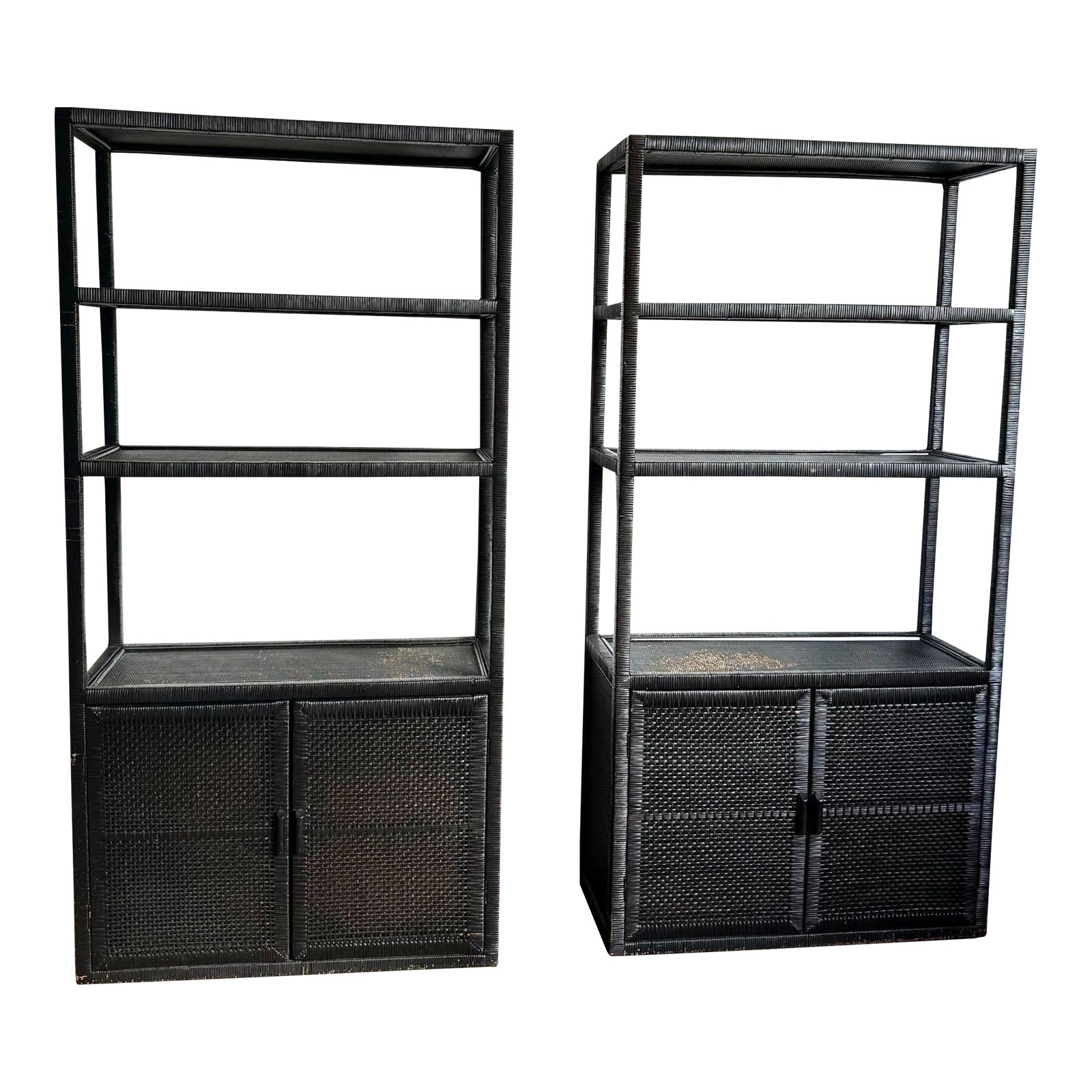 Boho Chic Black Wicker Rattan Etageres/Bookcases - a Pair | Chairish