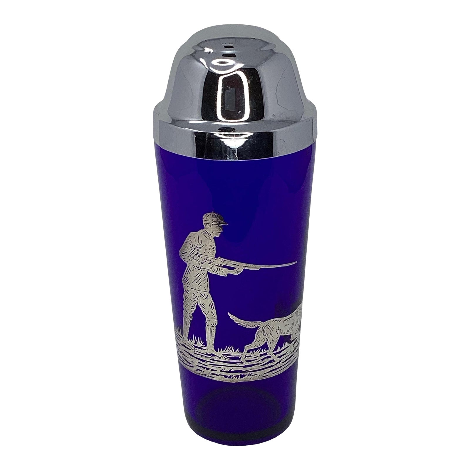 Art Deco Silver Overlay Cobalt Blue Hunter Cocktail Shaker | Chairish