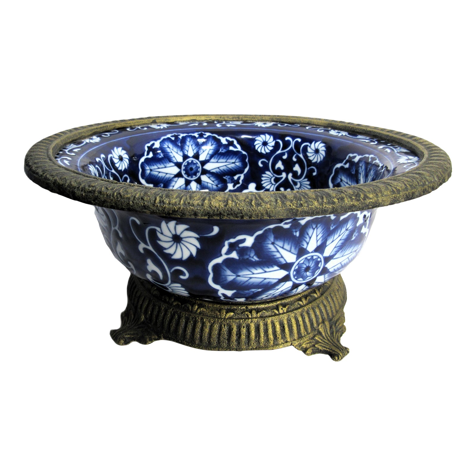 Vintage Bombay Co Blue + White Decorative Bowl + Metal Rim and Stand ...
