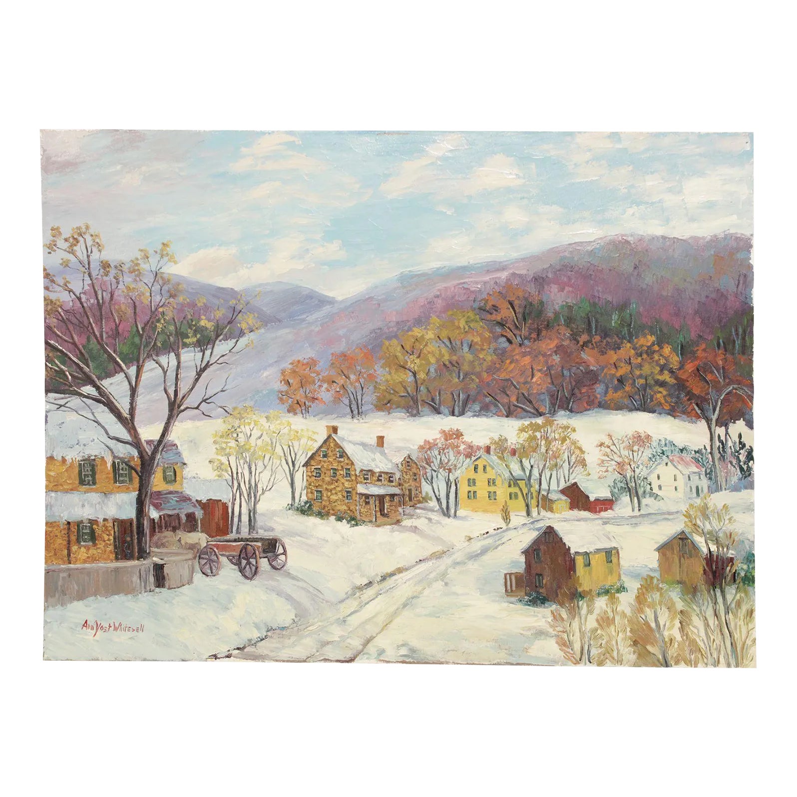 1970s 'Old Wagon' Winter Town Landscape Original Oil Painting by Ann ...