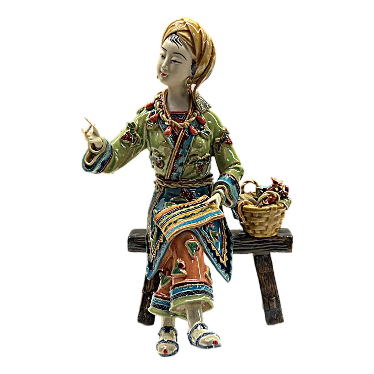 Chinese Porcelain Ritual Miao Style Dressing on Bench Lady Figure ...