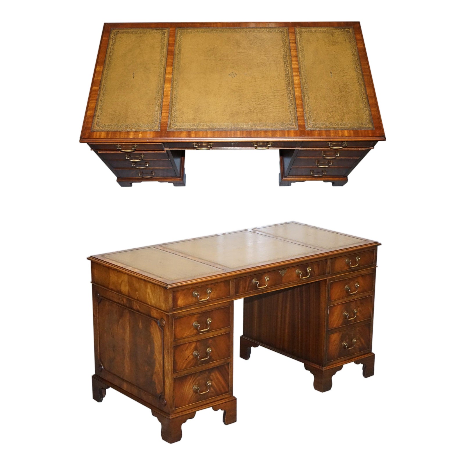 Vintage Pedestal Desk with Hunter Green Leather by Bevan Funnell | Chairish