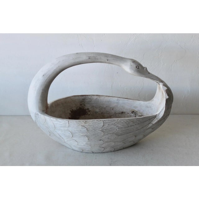 Large Hand Carved Wood Swan Basket White Finish Vintage Mid-Century ...