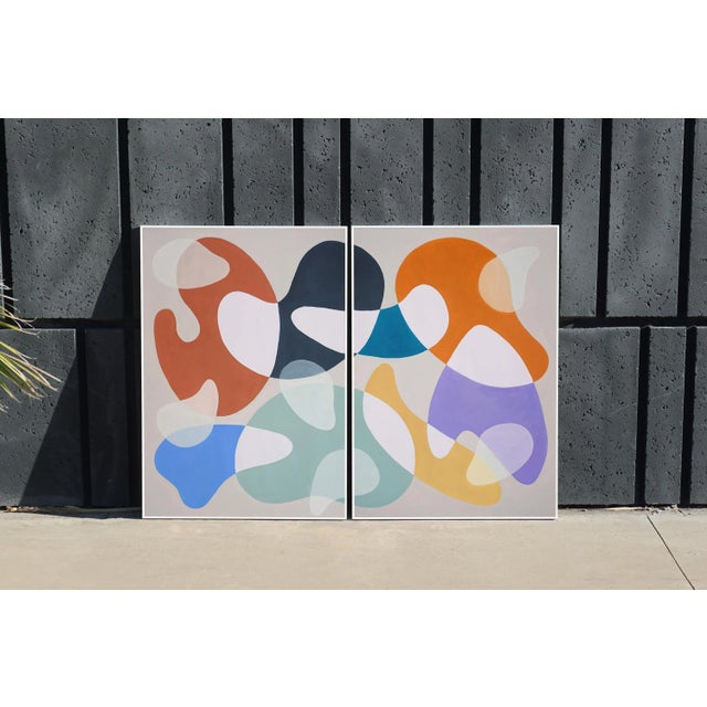 2024, Mid-Century Shapes Diptych of "Pastel Palette Curves", Acrylic Painting on Watercolor ...