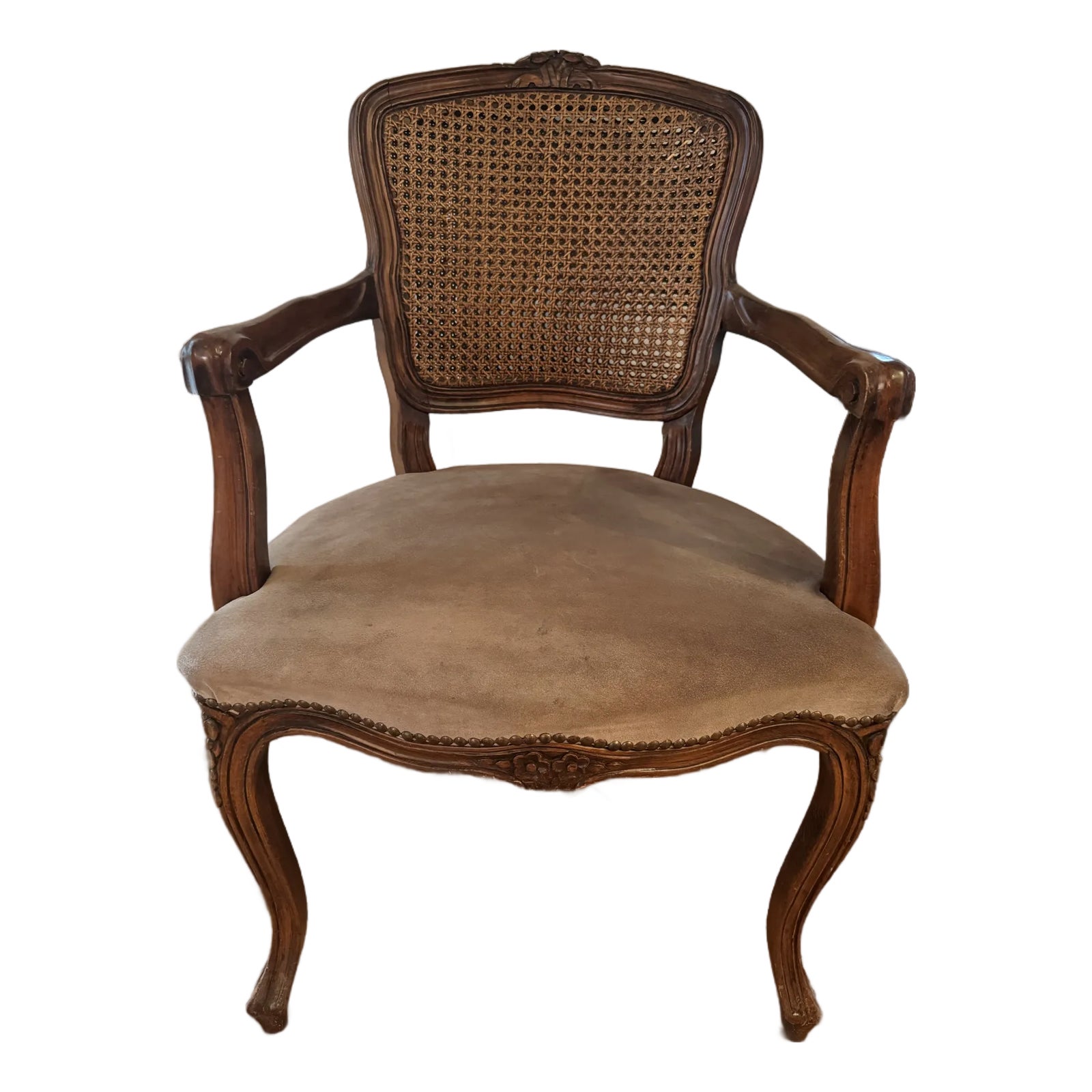 Vintage Petite Carved Wood Arm Chair With Cane Back and Suede Seat ...