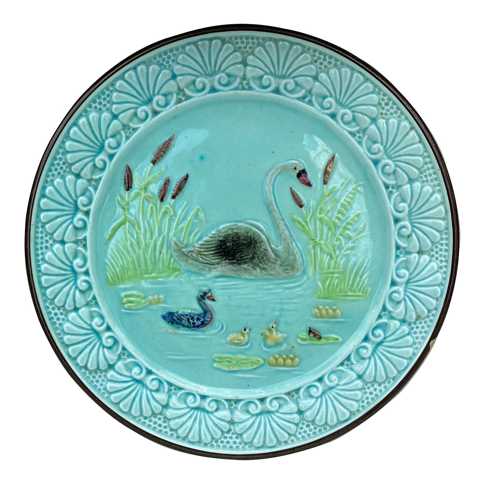 19th Century German Majolica Swan Plate Circa 1900 | Chairish