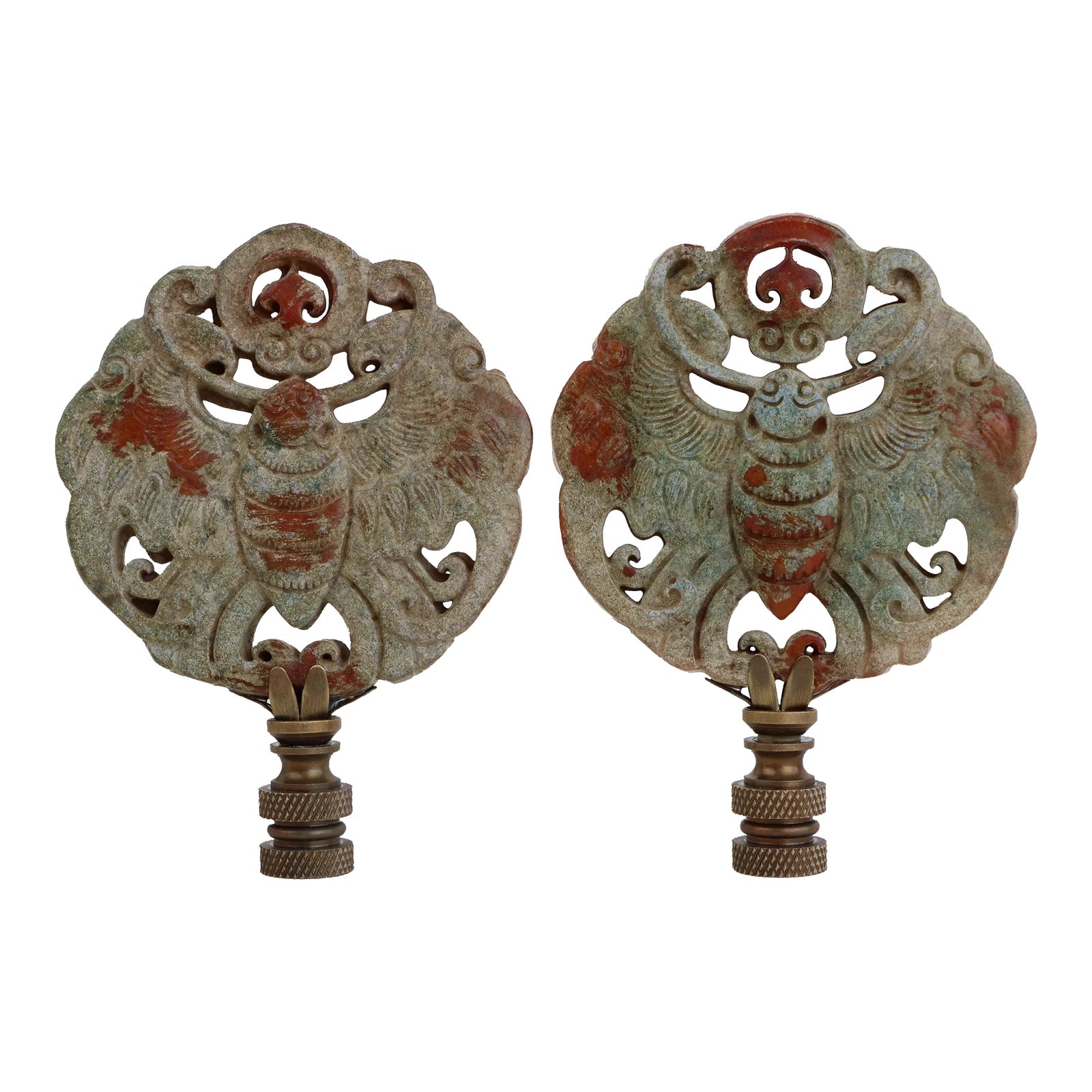 Chinese Butterfly Carved Stone Lamp Finials on Bronze Hardware - a Pair ...