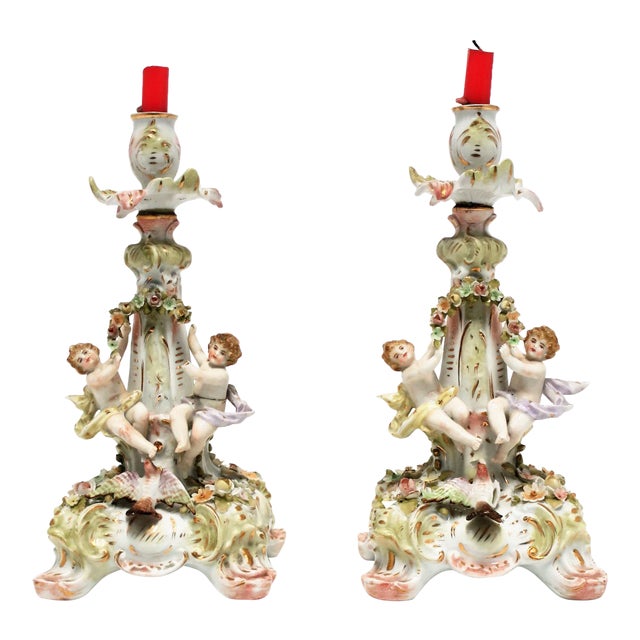 Late 19th Century Antique Rococo German Porcelain Candlestick Holders ...