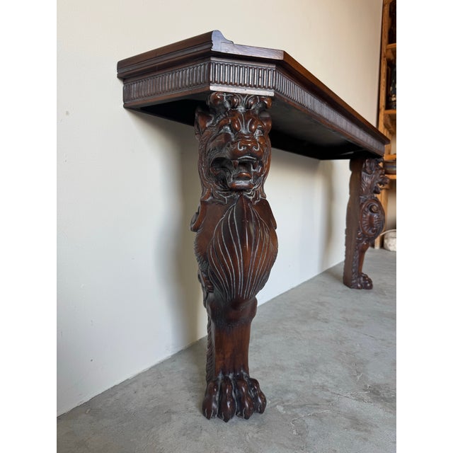 Vintage Hollywood Regency Style Carved Lion Wood Console Table | Chairish